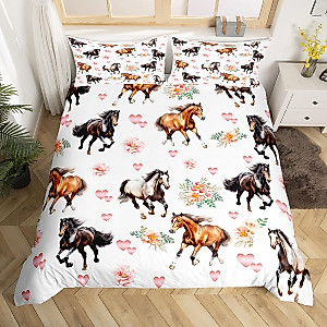 Girls Horse Bedding Set King Size, Pink Floral Horse Comforter Cover Kids Flower Cute Horse Duvet Cover Galloping Horse Bedspread Cover 3Pcs Bedclothes (No Comforter)