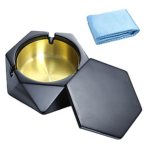 Asoqwal Concrete Ashtray for Cigarette with Lid Windproof,Cement Ashtray for Weed Indoor or Outdoor Patio Use, Cute Hexagon Ash Tray with Stainless Steel Liner Inside for Home Office Decor,Black