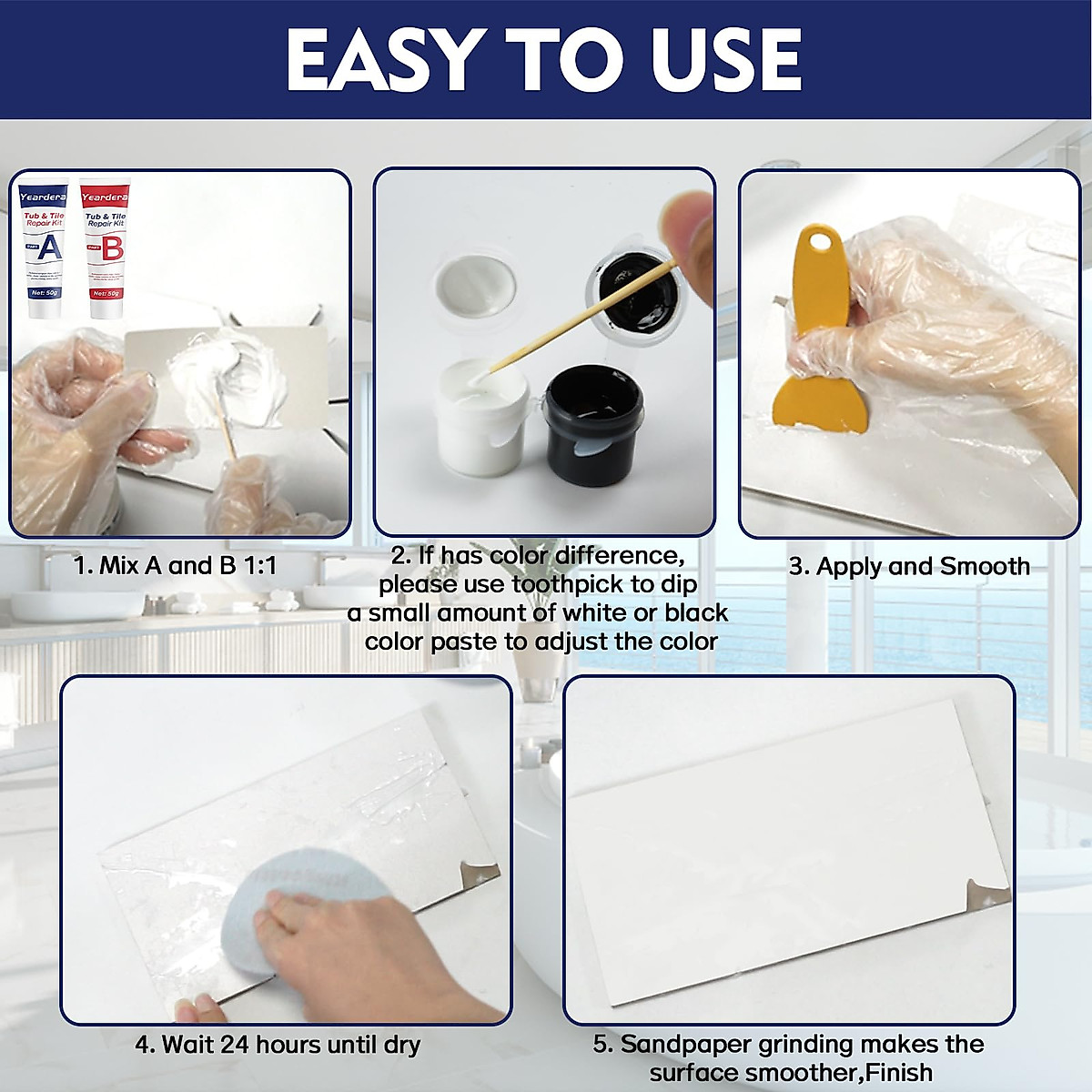 Porcelain Repair Kit, Tub and Tile Repair Kit, Super Strong and Persistent Bathtub Repair Kit, Quartz Countertop Repair Kits for Ceramic, Porcelain, Marble, Quartz, Resin, Acrylic (ceramic repair kit)