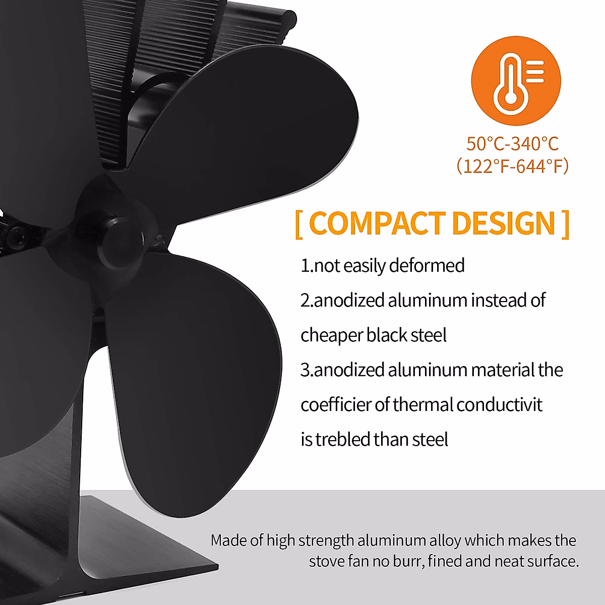 Anxingo Fireplace Fan 4-Blade Heat Powered Stove Fan Wood Burning Stove Fan for Wood Log Burner Fireplace Increases Warm Air
