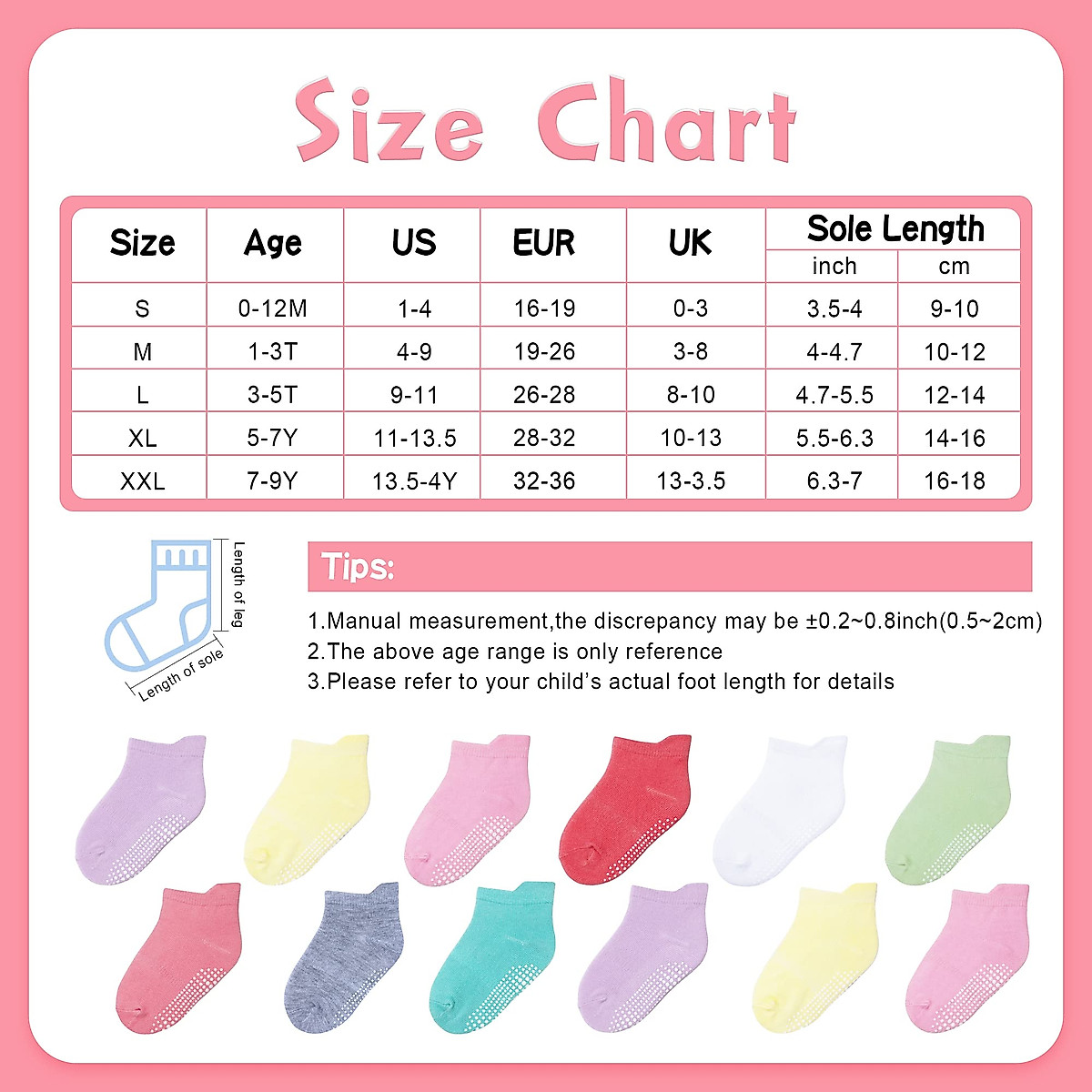 HYzgb Toddler Girls Socks 3T-4T-5T with Grippers 12 Pairs Cotton Little Kids Non Slip Ankle Socks for Toddler Kids 3-4-5 Years Old All Seasons Wearing (Bright Candy Colors)