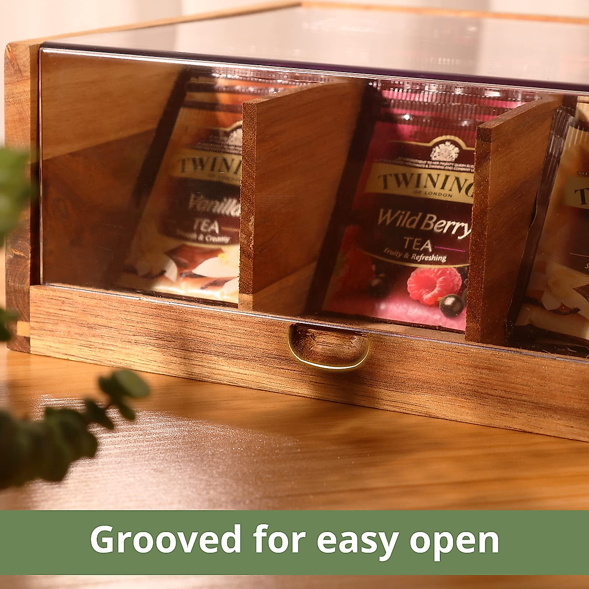 Acacia Wood Tea Bag Organizer Storage, Gift Box 6 Compartments Tea Chest Box with Acrylic Transparent Hinged Lid By HTB