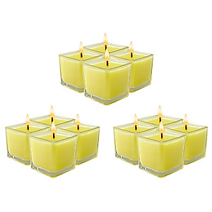 12 Pack Yellow Small Square Glass Citronella Candles, Strong Lemongrass Scented Votive Candles, for Outdoor Dinner Party, Patio, Glamping Essentials, Outside