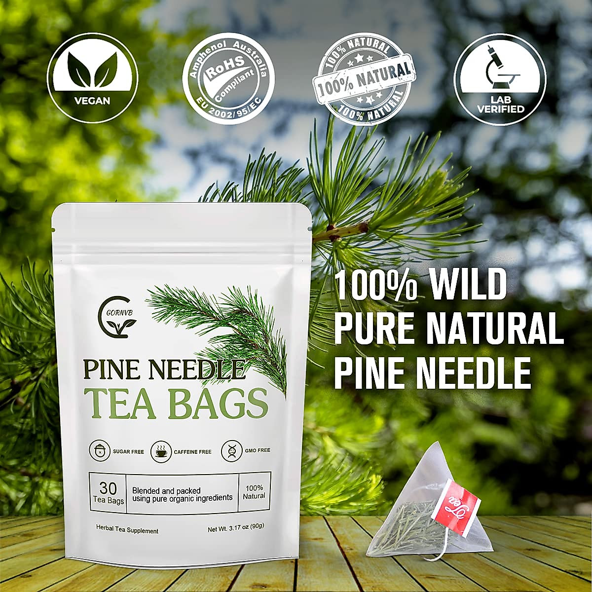 Organic Pine Needle Tea Bags - 100% Pure Natural Dried Pine Needles Herbal Tea, Effectively Antioxidant & Immune Support, Caffeine Free, 30 Tea Bags