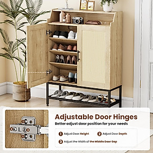 7-Tier Shoe Storage Cabinet with Rattan Doors, Shoe Rack Organizer Cabinet with Adjustable Shelves & Buffer Hinge, Freestanding Narrow shoe cabinet storage with Anti-tip Fitting for Entryway, Hallway
