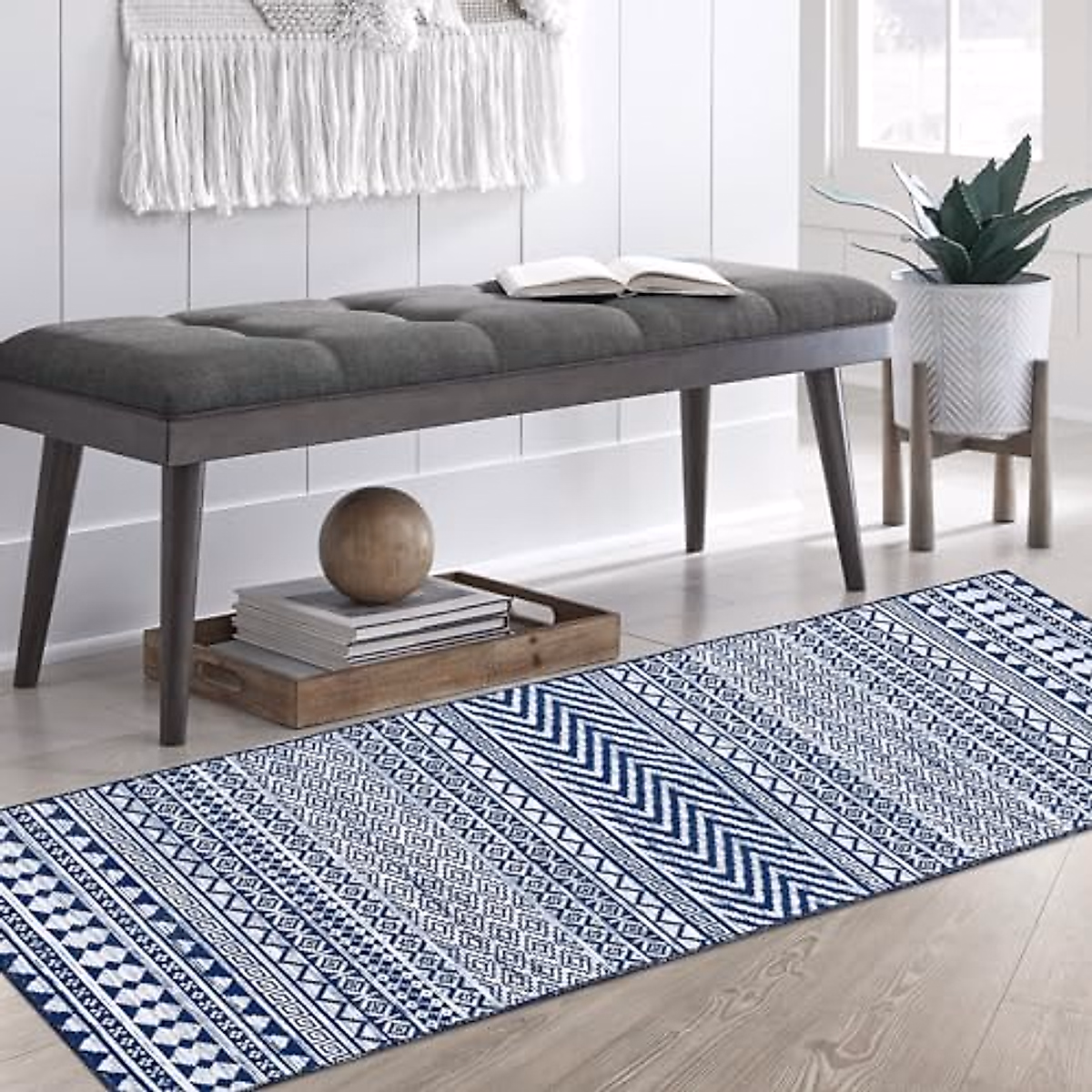 GAOMON 2' x 12' Runner Rug Extra Long Hallway Runner Rug Washable Indoor Runner Rug Non-Slip Kitchen Runner Rug Geometric Runner for Living Room Bedroom Laundry, Navy 2'x12'
