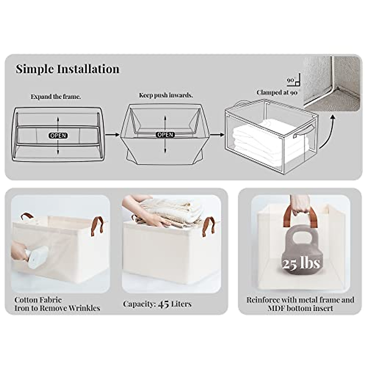 StorageWorks 45L Extra Large Fabric Storage Bins with PU Handles 2-pack, Closet Baskets, Canvas Baskets for Closet Shelves, Foldable Trapezoid Storage Bins 3-pack