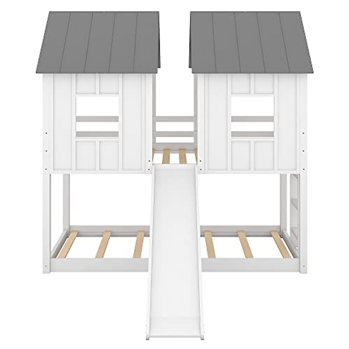 DEYOBED Twin Over Twin House Bunk Bed with Slide and Windows, Wood Low Bunk Beds Frame with Guardrails for Kids Teen, Girls, Boys, White