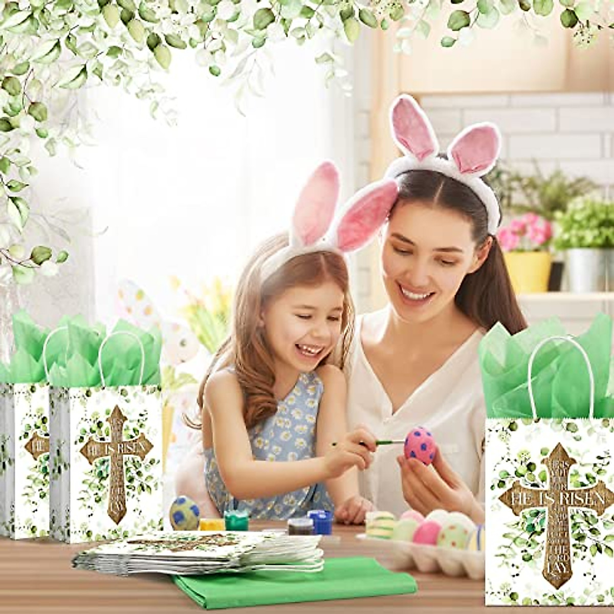 16 Pack Easter Gift Bags with Tissue Handles Easter Goodie Bag Easter Paper Tote Bag He Is Risen Cross Sign Easter Party Treat Bags for Egg Hunts Candy Treat Gifts Supplies