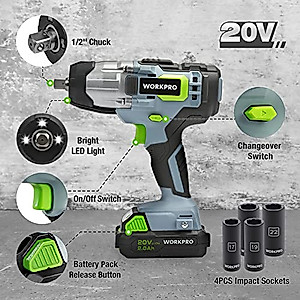 WORKPRO 20V Cordless Impact Wrench, 1/2-inch, 320 Ft Pounds Max Torque, 4Pcs Drive Impact Sockets, 2.0Ah Li-ion Battery with Fast Charger, Belt Clip for Easy Carrying