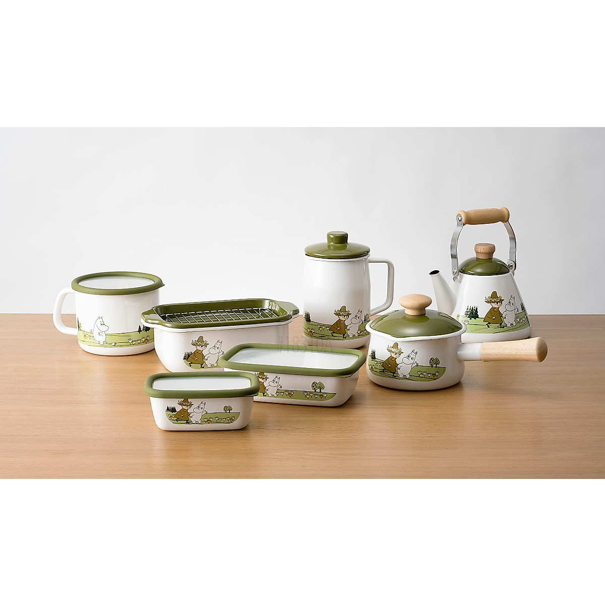 Fuji Enamel MTG-B1 Storage Container, Enamel, Shallow Type, Square Container, Small, Moomin Olive