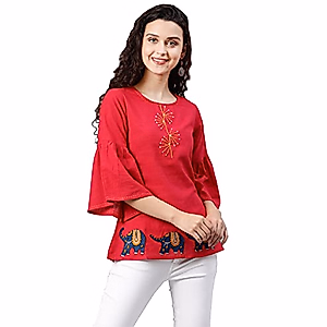 Yash Gallery Women's Plus Size Cotton Slub Elephant Print Indian Tunic Summer Tops (Pink)