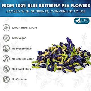FreshDrinkUS, Premium 1010+ Butterfly Pea Flowers, 100% Natural & Pure from Whole Blue Butterfly Pea Flowers, Wildcrafted, Dried Blue Butterfly Pea Flowers Herbal Tea, No Gluten, Vegan