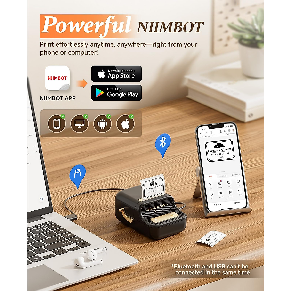 NIIMBOT B21 Inkless Label Maker, Portable Thermal Label Printer for Clothing, Address, Business, Compatible with iOS & Android, with 1 Pack 1.96x1.18 inch White Label, Black