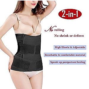 ChongErfei 2 in 1 Postpartum Support Recovery Belly Wrap Waist/Pelvis Belt Body Shaper Postnatal Shapewear,One Size Black