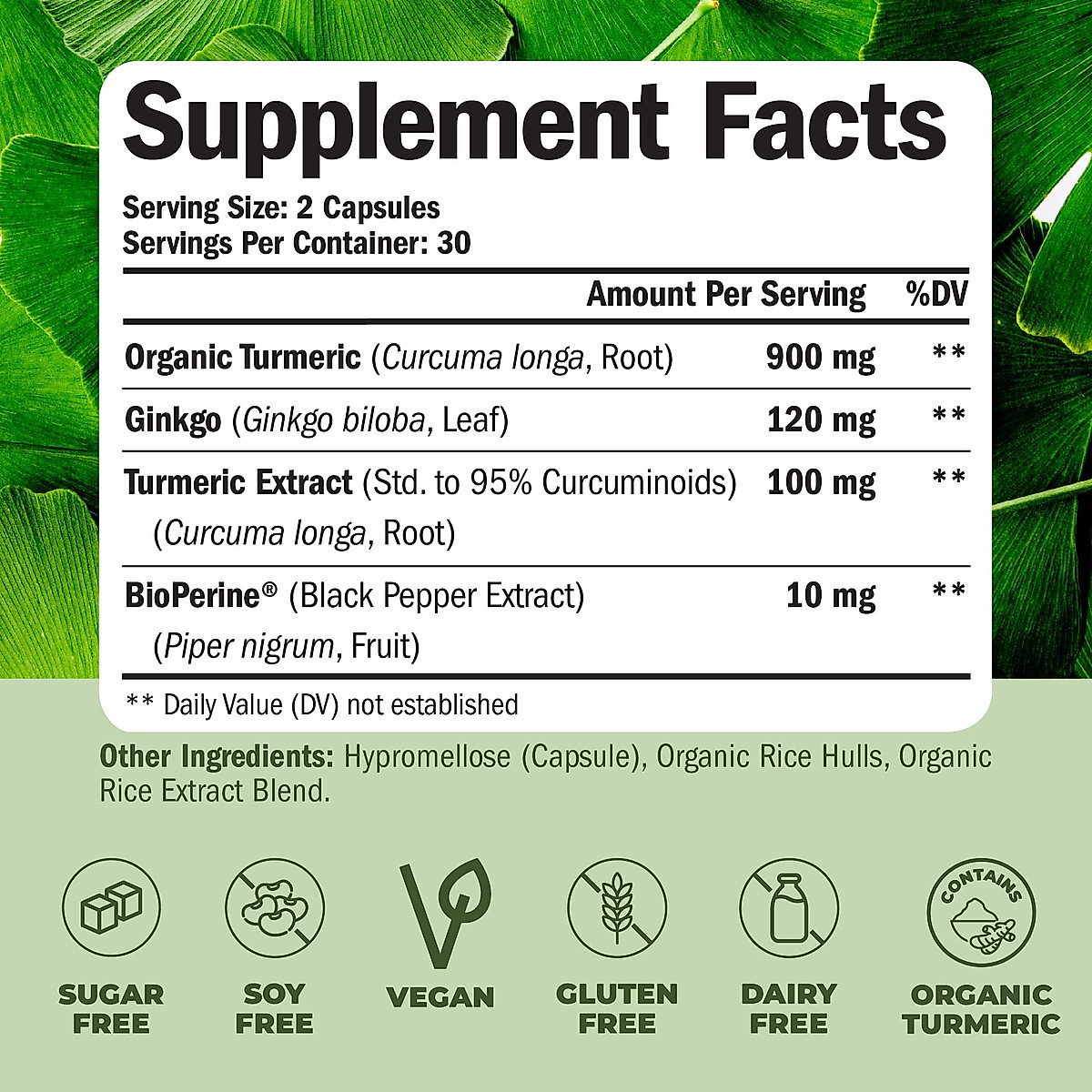Turmeric Curcumin with Black Pepper and Ginkgo Biloba supplements. Natural Turmeric Supplement with Organic Tumeric to aid Joint Health, Brain Clarity, Focus, Memory, and Concentration. Vegan. 60 Caps
