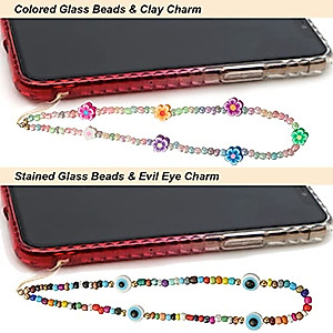 Taouzi 6PCS Beaded Phone Lanyard Wrist Strap Face Beaded Phone Charm Fruit Star Pearl Rainbow Color Beaded Phone Chain Strap for Women Girls
