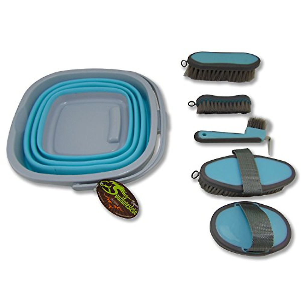 Collapsible Grooming Kit 10 Liter Bucket and 5 Grooming Tools by Southwestern Equine (Turquoise)