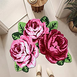 Rose Shaped Rug Bathroom Rug Soft Shaggy Microfiber Rose Bath Mat Water Absorbent Plush Fuzzy Bath Carpet U-Shaped Toilet Mat Machine Washable Non Slip Bath Rug, Pink