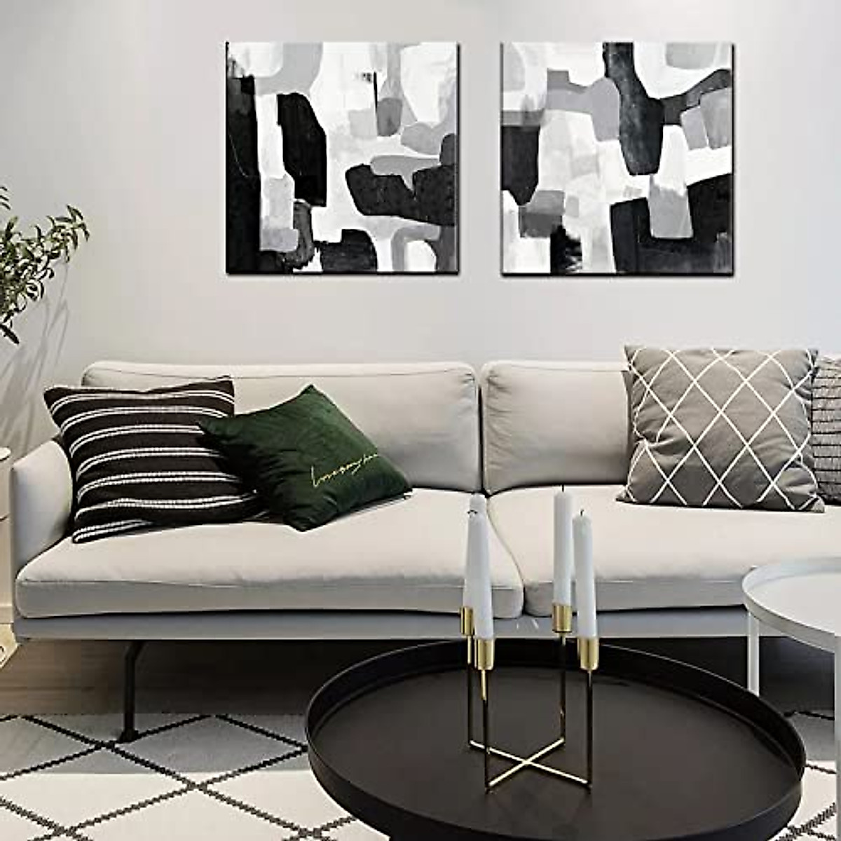 Pigort Black and White Abstract Hand-Painted Wall Art Decor - 2 Piece Set, Grey Decorative Framed Black & White Abstract Canvas Art for Living Room, Bedroom, Office Home Decor & Gift 24x24Inch