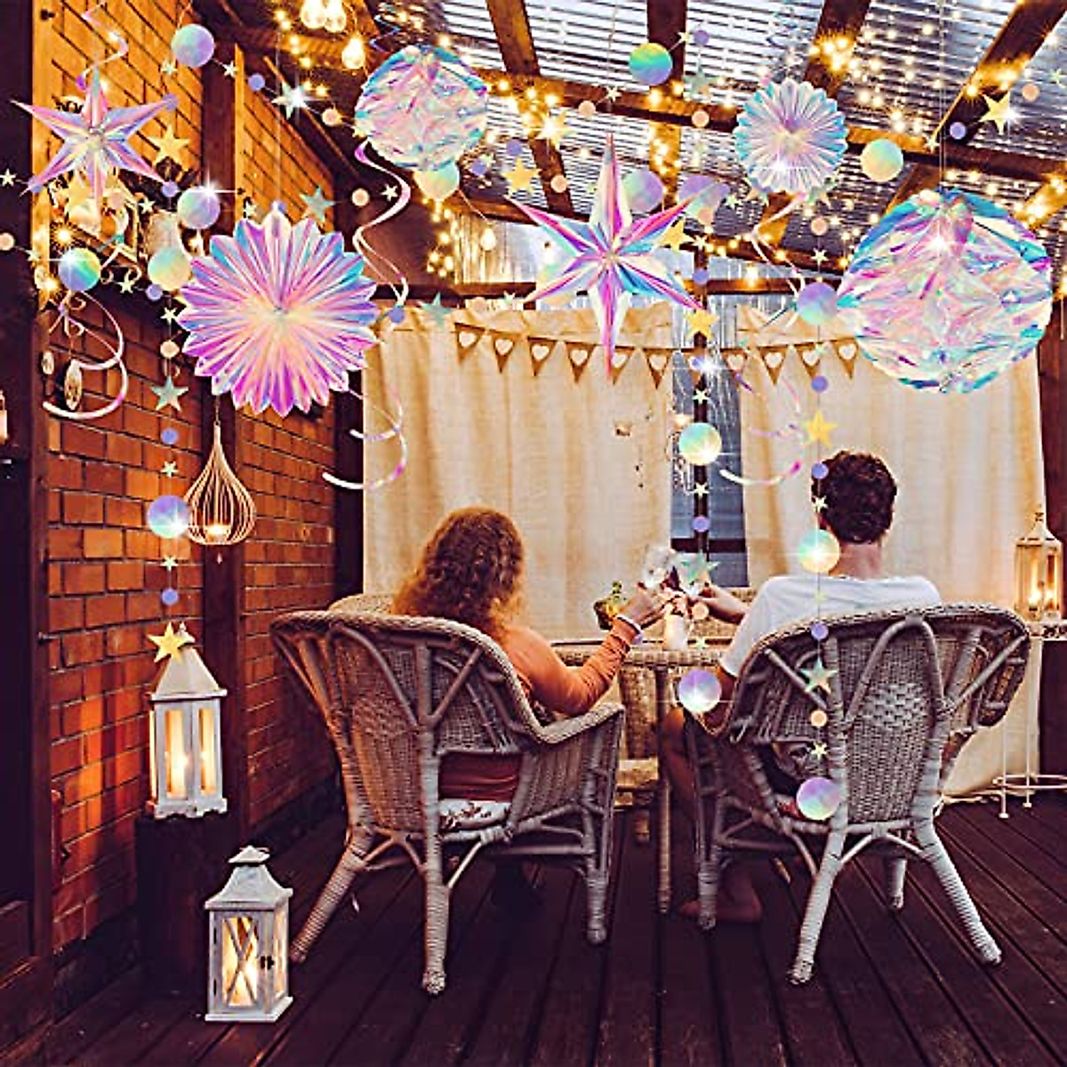 Ganory 29 Pieces Home Iridescent Party Supplies Kit with Hanging Honeycomb Ball Decorative Paper Fan Snowflake Garlands White Star Hanging Swirl Decorations for Birthday Wedding Party Decorations