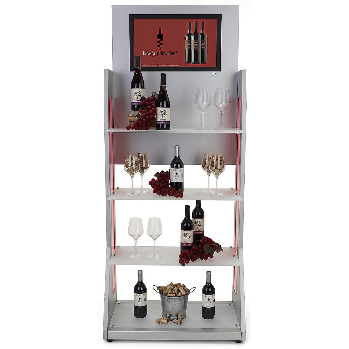 Displays2go LED Gondola with Digital Screen, Built-in Speaker, Four Shelves - Silver (SMFSDDSLED)