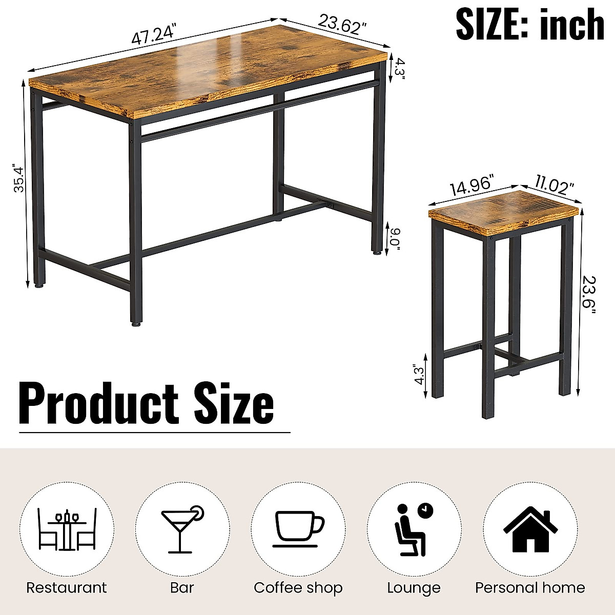 AWQM 5 Piece Bar Table Set, Modern Counter Height Dining Table and Chairs Set for 4, Wood Kitchen Table and 4 Bar Stools for Small Spaces, Apartment, Pub, Dining Room (Rustic Brown)