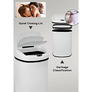 YIQIEDEY Trash Can 50 Liter 13 Gallon Automatic Waste Bin with Lid Stainless Steel Garbage Bin Touch-Free & Motion Sensor Step Trash Can for Kitchen Home Office Kitchen Garbage Can Trash Bin White