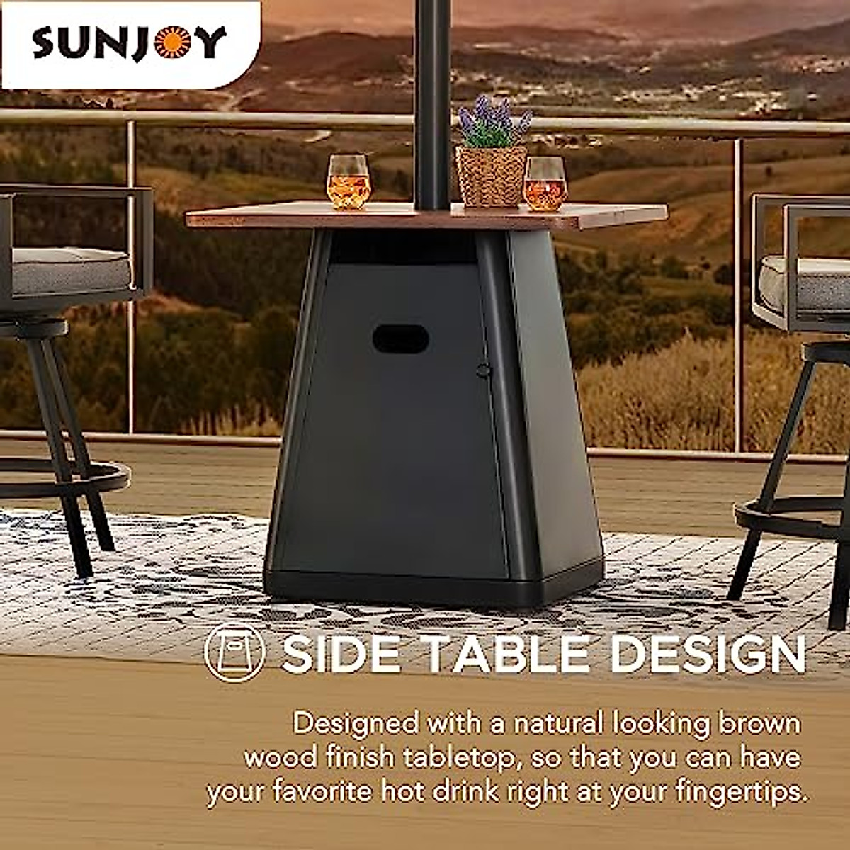 Sunjoy Patio Heater, 40000 BTU Portable Freestanding Steel Frame Outdoor Propane Heater with Side Table Design, Stainless Steel Burner, Safety Self Shut-Off System for Commercial & Residential Use