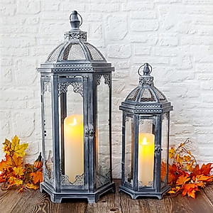 Set of 2 Outdoor Lantern 24.5"&18" High Decorative Candle Lanterns Metal Candle Holder with Tempered Glass Fall Decorations for Home Garden Patio Living Room Indoor Home Yard Hallway Doorway(Grey)
