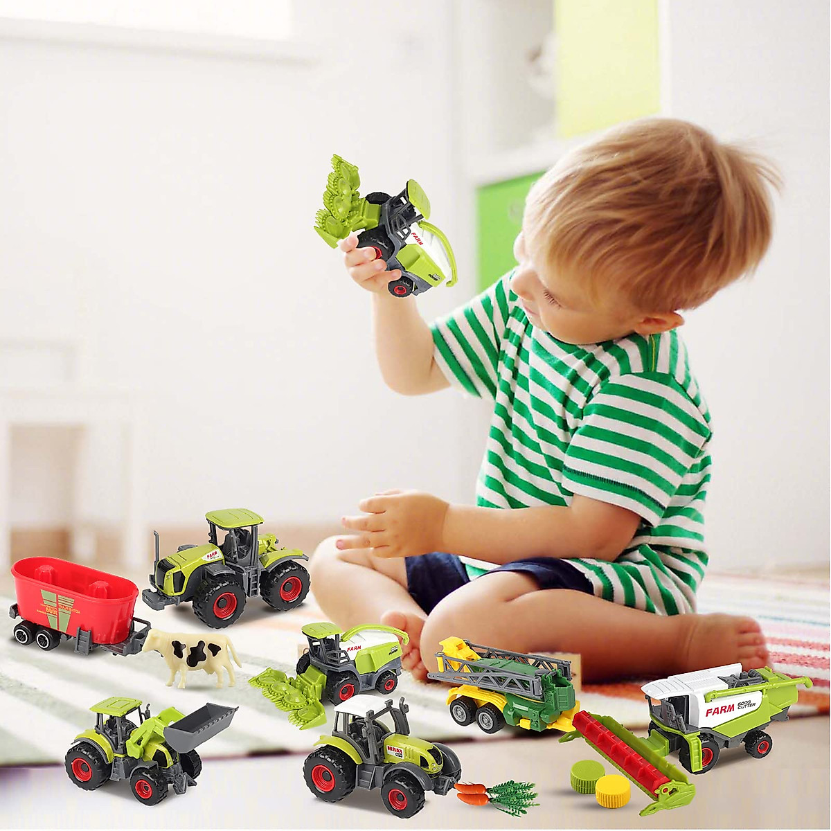 Oriate Kid's Farm Toys Realistic Tractor Vehicle Playset, Diecast Car Set Educational Mini Farm Animals with Flatbed Trailer,Birthday Gift for Children 3+ Year Old