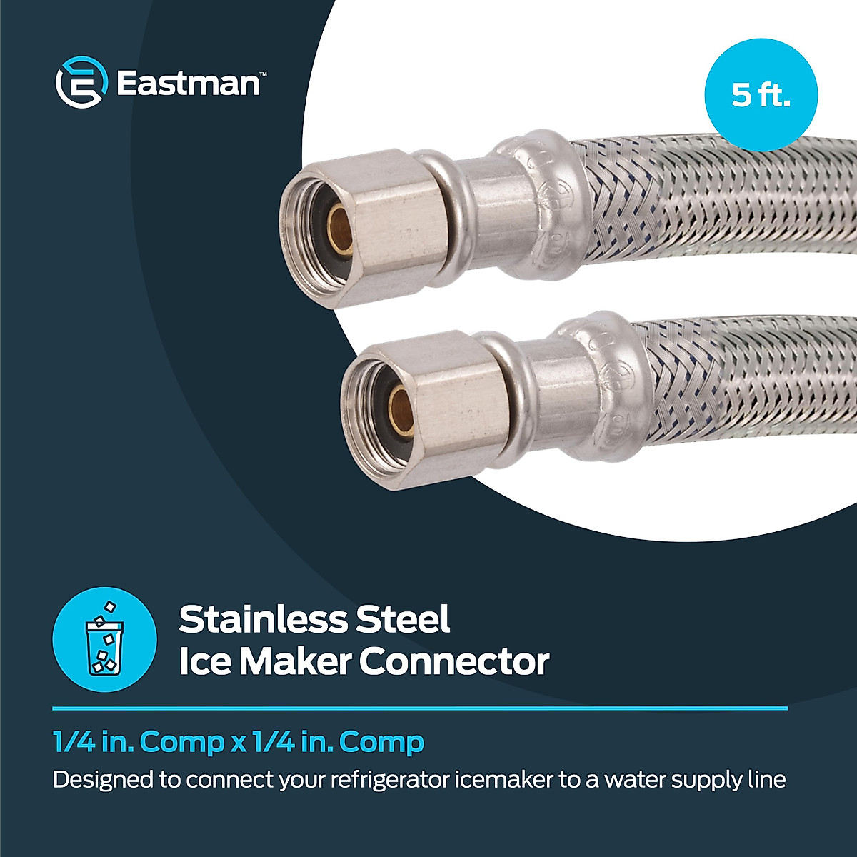 Eastman 5 Feet Flexible Ice Maker Connector, 1/4 Inch x 1/4 Inch Compression Connection, Braided Stainless Steel with Nickel-Plated Brass Nuts, 41039