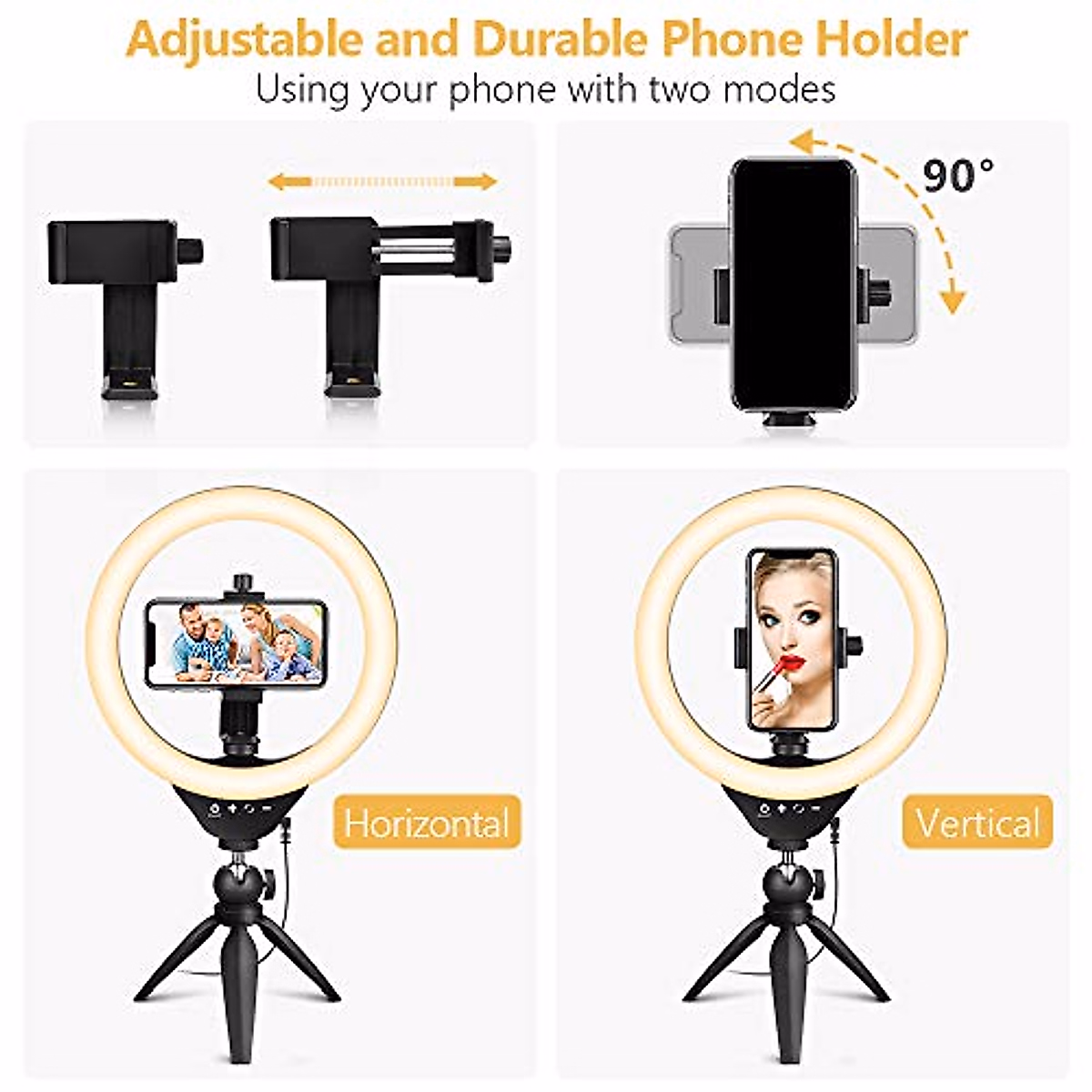 UBeesize 10" Selfie Ring Light with Tripod Stand & Cell Phone Holder, Dimmable Desktop LED Circle Light for Live Streaming/Makeup/YouTube/TIK Tok, Compatible with iOS and Android Phones