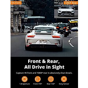 Kingslim D4 4K Dual Dash Cam with Built-in WiFi GPS, Front 4K/2.5K Rear 1080P Dual Dash Camera for Cars, 3" IPS Touchscreen 170° FOV Dashboard Camera with Sony Starvis Sensor, Support 256GB Max