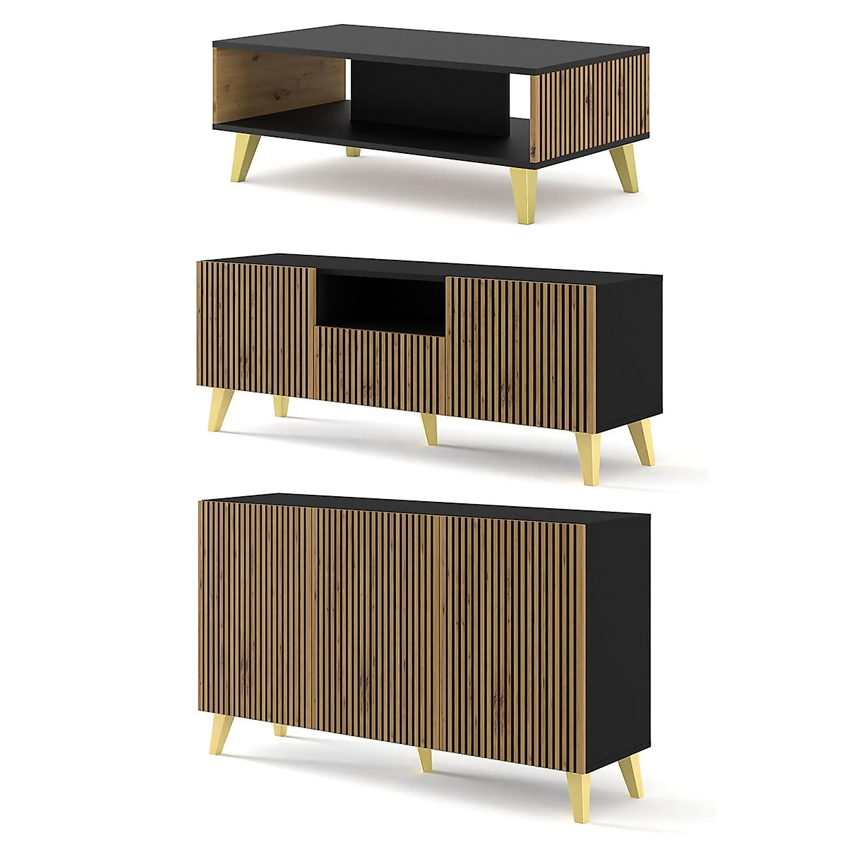 Homlando The Ravenna Living Room 3 Piece Set - TV Stand Ravenna Cabinet - Sideboard Chest of Drawers - Coffee Table - Made in EU Modern Furniture - Black/Natural Oak