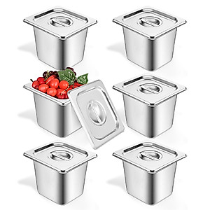6 Set Hotel Pan 1/6 Size 6 Inch Deep Stainless Steam Table Pans with Lids Stackable Commercial Anti Jam Metal Steam Tray Catering Food Storage Steel Pan for Hotel Restaurant Buffet Party Supplies