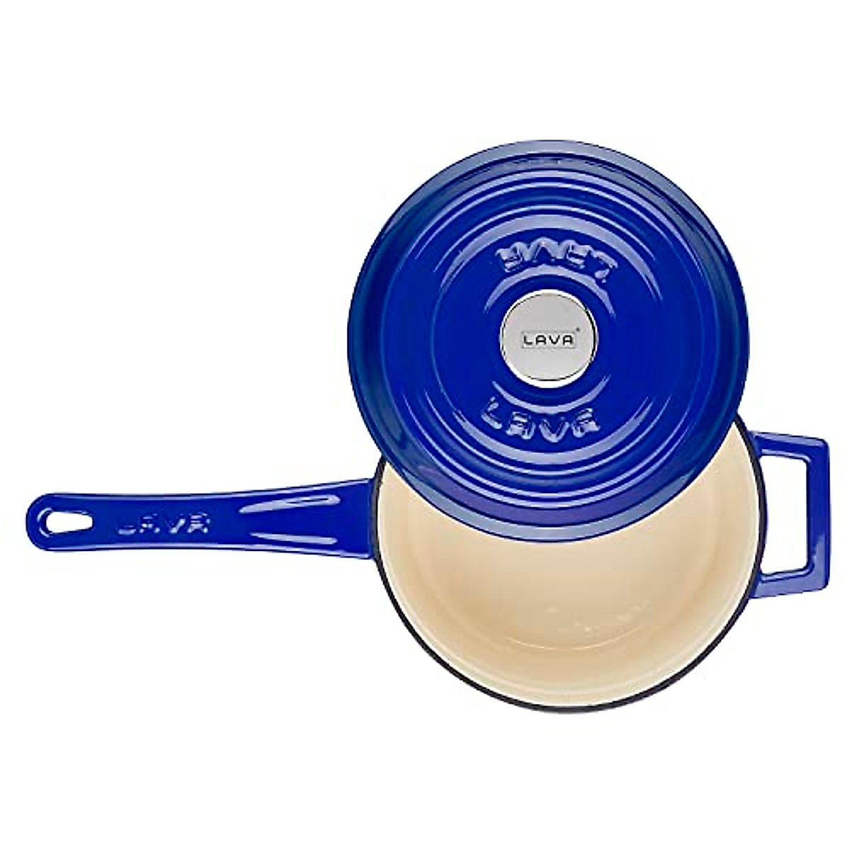 Lava Light-Colored Sand Enameled Cast Iron Sauce Pan, 1.5 Quarts Round Sauce Pot, Glossy Sand-Colored Three Layers of Enamel Coated Interior, Long Handle with Lid (Blue)