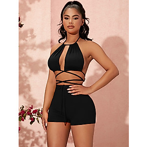 SOLY HUX Women's Sexy 2 Piece Outfits Criss Cross Halter Tie Back Crop Top and Biker Shorts Set Black XS