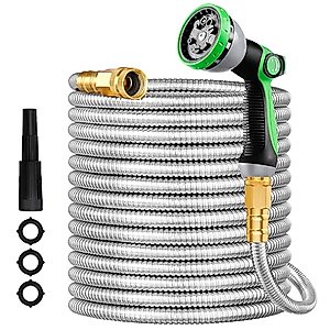 eletecpro Metal Garden Hose 100ft, 304 Stainless Steel Heavy Duty Water Hose With 2 Nozzles for 15 Functions, No Tangle and Kink, Lightweight & Flexible, Tough and Pet Proof, for Yard, Lawn, RV