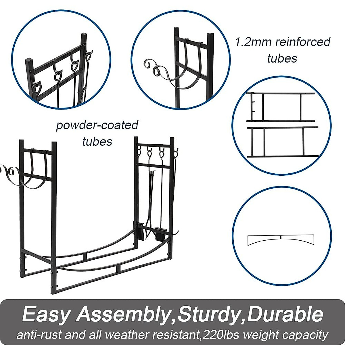Yorovent 3FT Heavy Duty Firewood Rack,Log Storage Stand Rack With Fireplace Tool Set Removable Kindling Holder,Shovel,Poker, Tongs, Brush,Anti-Rust And All Weather Resistant,For Indoor Outdoor Black