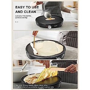 Crepe Maker Machine, Reemix Compact Pancake Griddle Precise Temperature Control, Nonstick 12” Electric Griddle, Batter Spreader for Eggs, Pancakes, Omelets and Quesadillas, Includes Spatula, Spreader