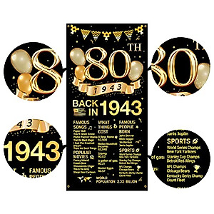 80th Birthday Door Cover Banner Decorations, Black Gold Happy 80th Birthday Door Cover Party Supplies, Large Eighty Year Old Birthday Poster Backdrop Sign Decor