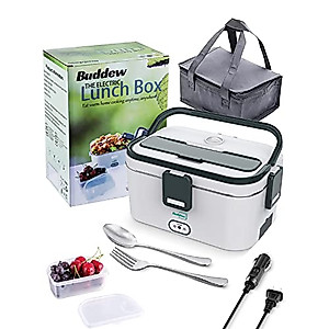 Buddew Electric Lunch Box 70W Food Heater 3 in 1 12V/24V/110-230V Portable Lunch Warmer (1.8L Large-Capacity) Heated Lunch Box for Car/Truck/Home/Office with Carry Bag and Fork and Spoon (Gray)
