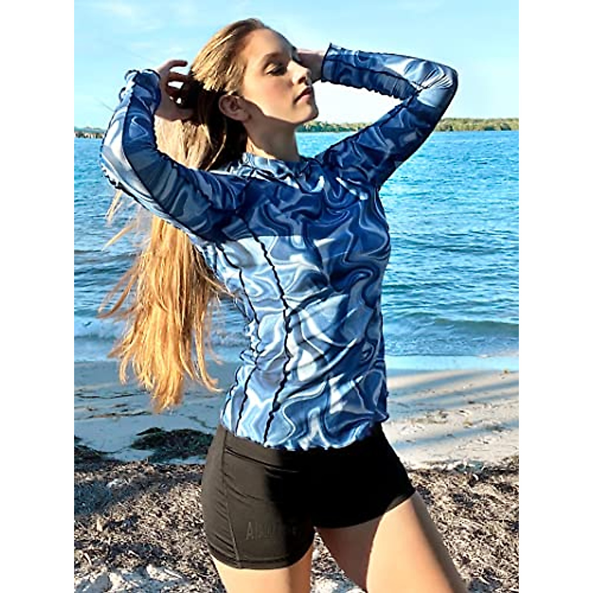ATTRACO Rash Guard for Women Long Sleeve Swim Shirt Y2K Skiny UV Swimsuit Top UPF 50+ Blue L