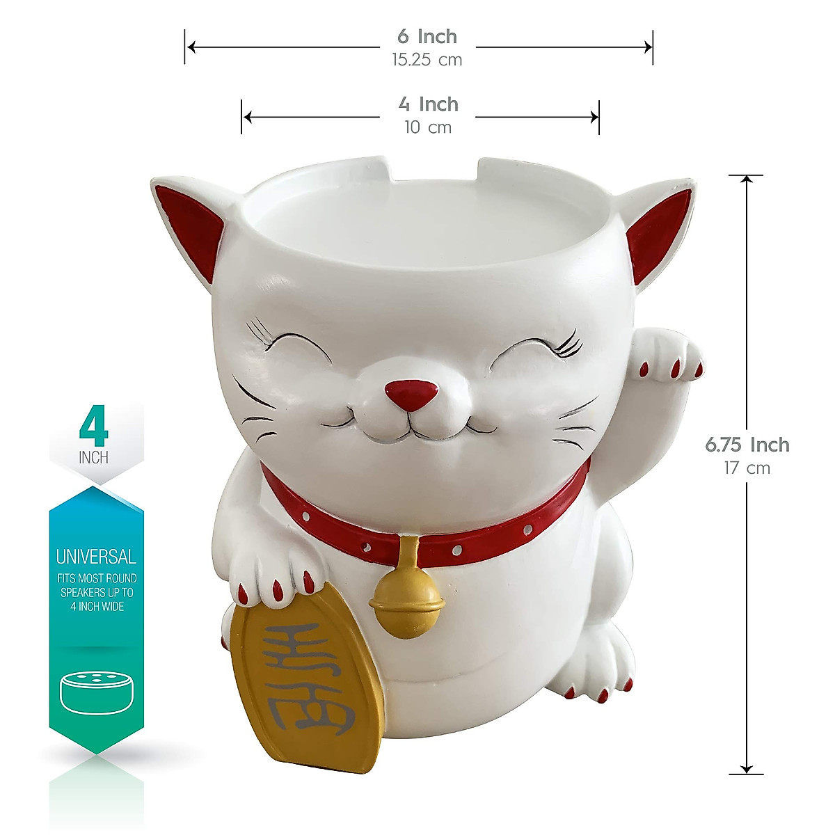 Kwirkworks Smart Speaker Table Stand (Waving Cat) - Decorative Holder for Amazon Echo Dot or Google Home Mini