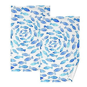 Jucciaco Blue Watercolor Fishes Cotton Towels for Bathroom, Soft Absorbent Hand Towel Set of 2 for Gym Yoga Kitchen Decorative, 16x28 inch