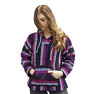 Mexican Baja Hoodie Sweater Sweatshirt Pullover Jerga (Medium, Pink/Purple)