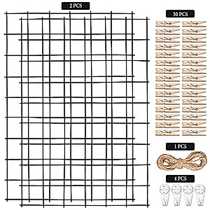 elkayconcepts Wire Wall Grid Panel, Set of 2 with Accessories, Photo Grid, Polaroid Hanging Metal Grid Wall Decor, Wire Wall Grid Organizer, Above Desk Wall Organizer (Black, 25" x 17")