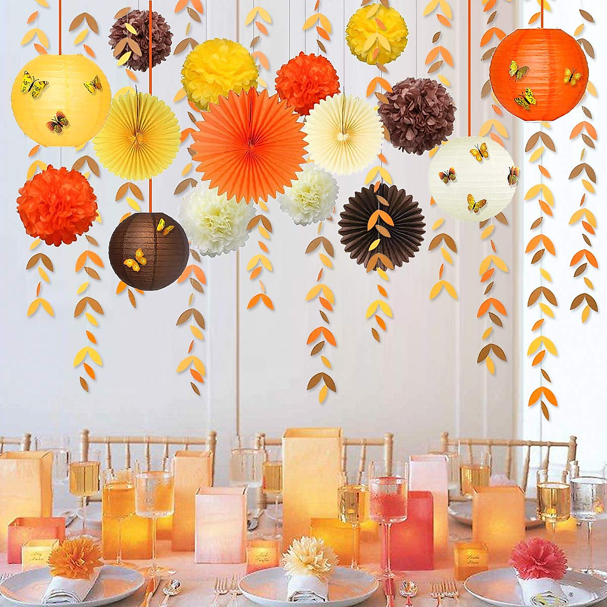 Fall Party Decorations Kit Yellow Orange Brown Paper Hanging Fans Lantern Flowers Pom Pom with 3D Butterfly Autumn Leaves Garland for Wedding Bridal Shower Birthday Harvest Thanksgiving Party Supplies