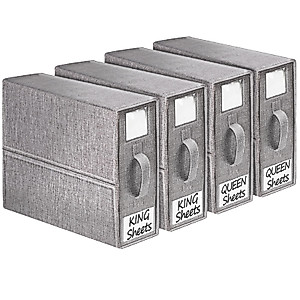 BUFOR Sheet Organizer for Linen Closet, Foldable Bed Sheet Organizers and Storage, (Queen & King Size) Sheet Storage Box (Grey, 4 PACK)